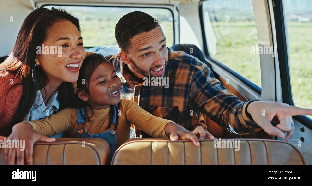 Pointing, road trip or van with child, family and view for sightseeing ...