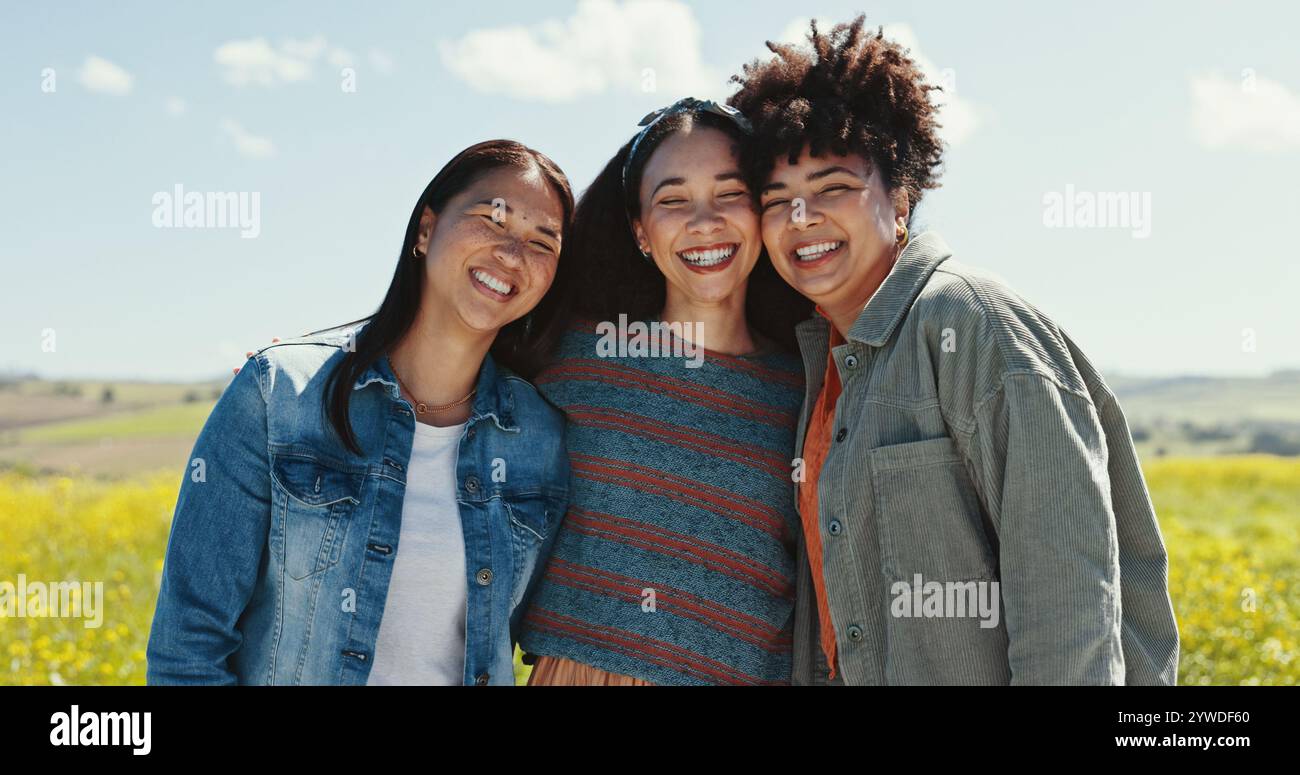 Women, friends and hug portrait with field for summer adventure ...