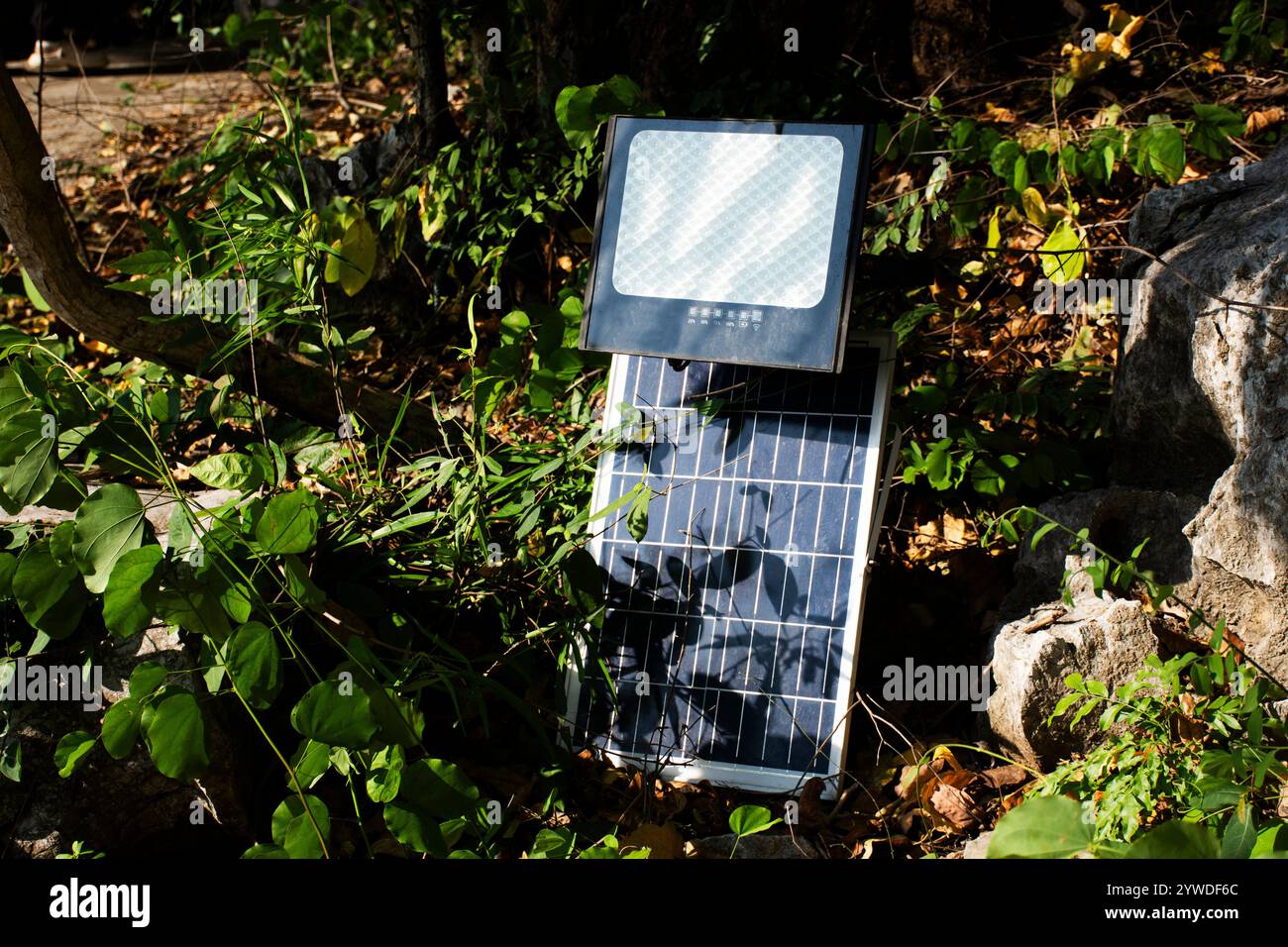 Solar cell panel made electricity for spotlight lighting lamp in garden ...