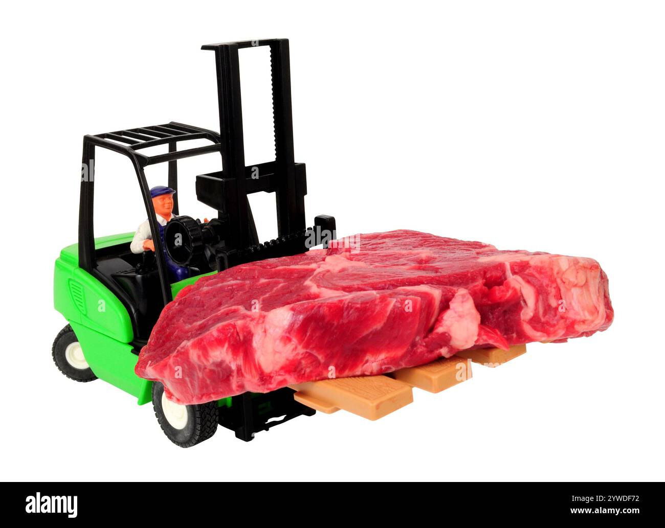 Toy forklift truck carrying a real fresh raw rib eye steak isolated on ...