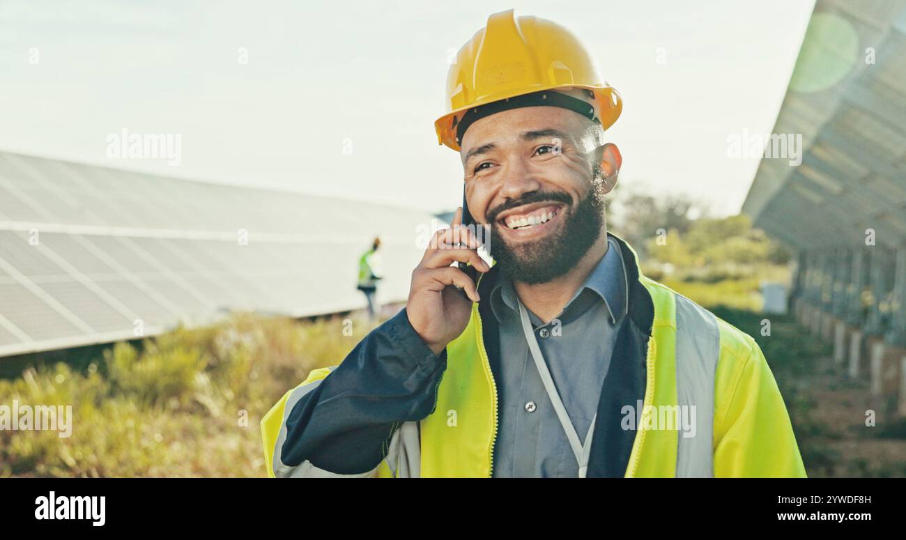 Happy engineer, solar power and man with phone call for photovoltaic ...