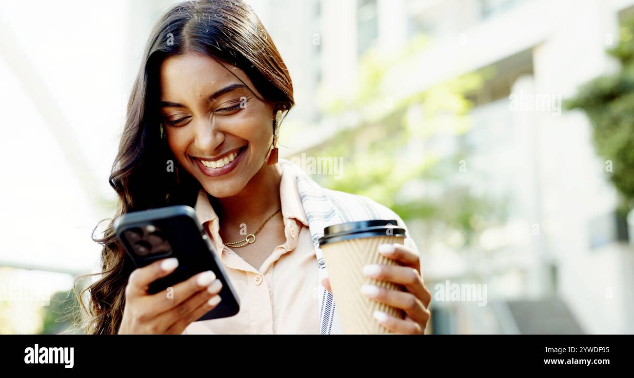 Happy woman, phone or laughing with coffee in city for online chatting ...