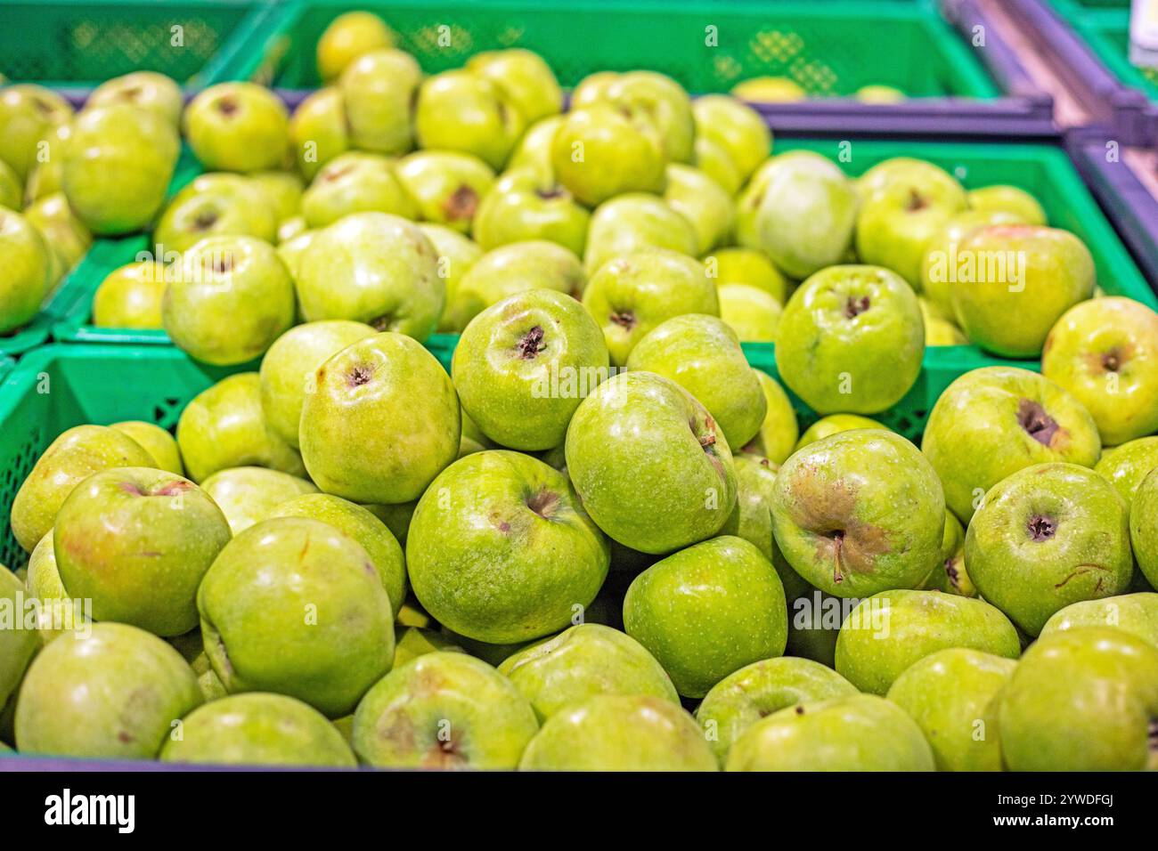 ripe sweet sour green apples in a container in a supermarket Stock ...