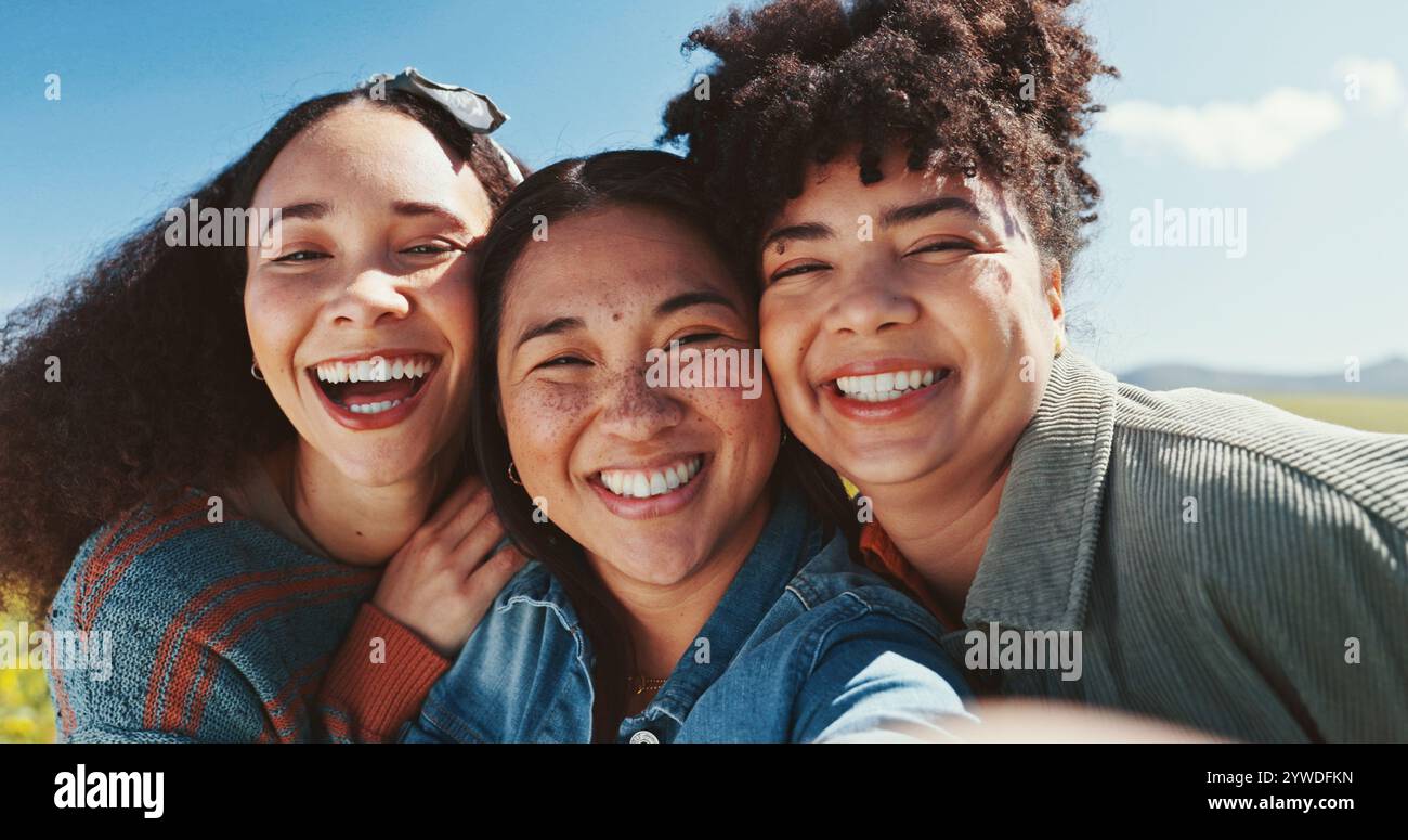 Women, friends and selfie with outdoor field for summer adventure ...