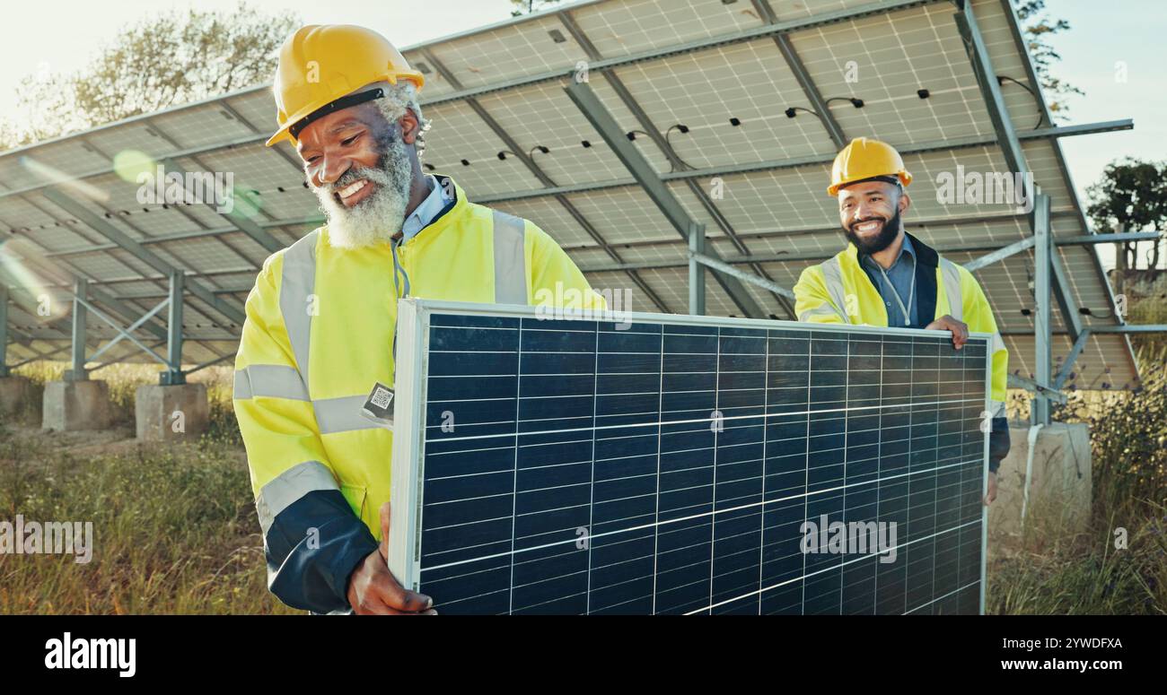 Solar panels, grid and teamwork with people in nature for photovoltaic ...