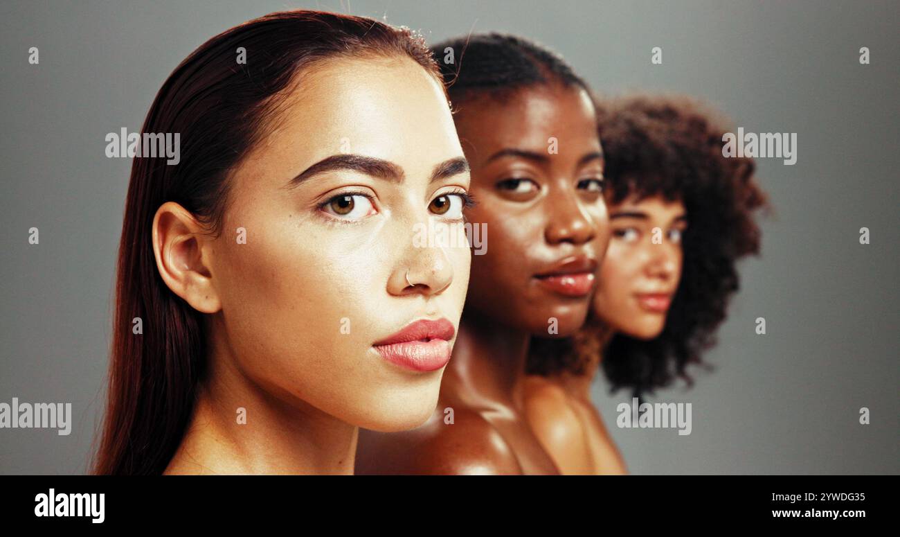 Women, inclusion and confident for skincare in studio background for ...