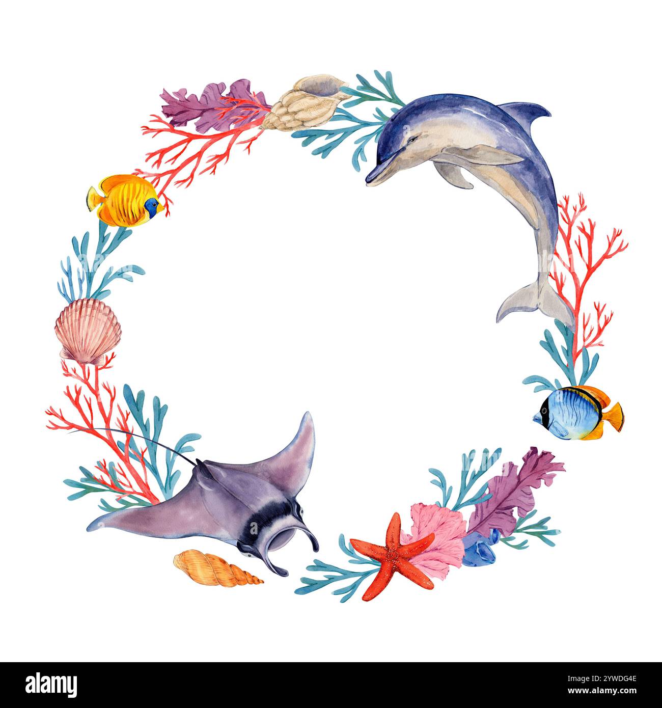 Wreath of marine animals. Watercolor frame of corals, algae, fish ...