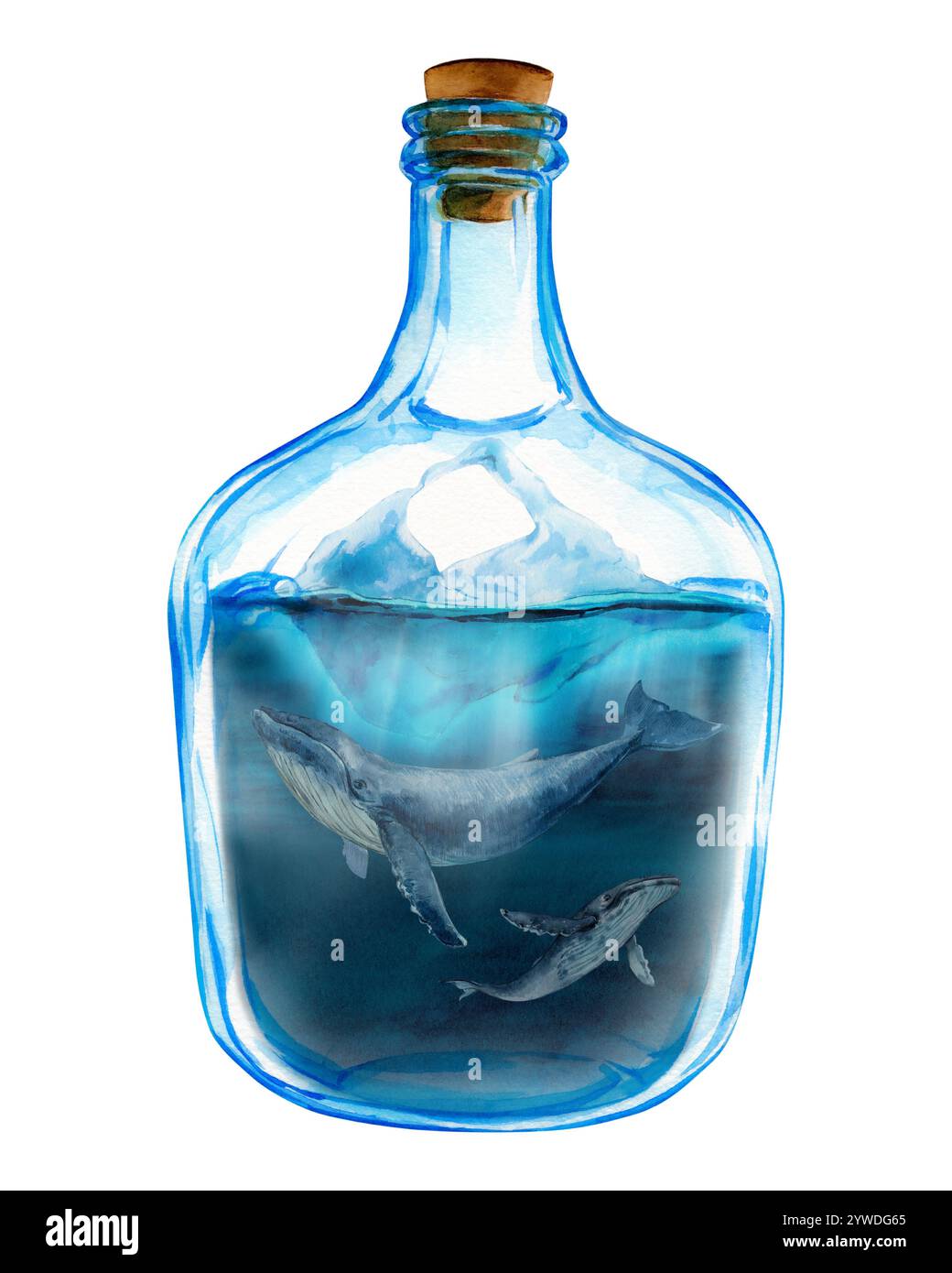 Underwater world in a glass bottle. Watercolor illustration of northern ...