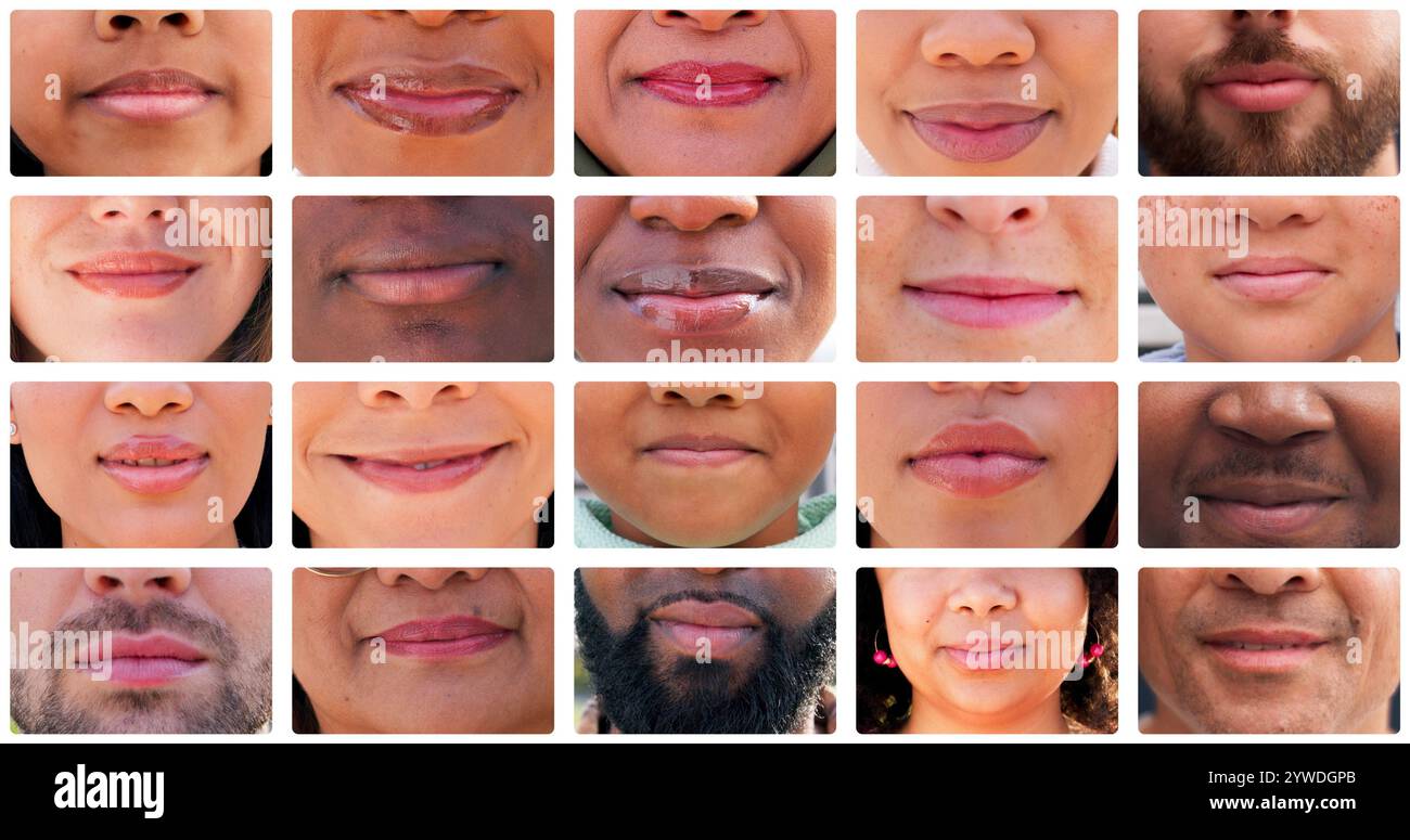 Collage, lips and difference with humanity in diversity for community ...