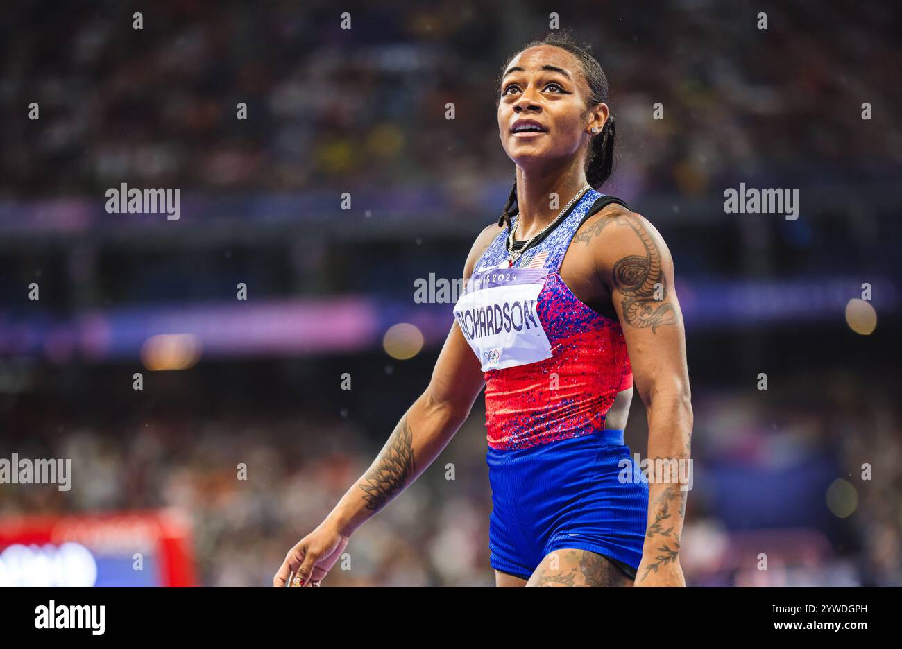 Sha'Carri Richardson participating in the 100 meters at the Paris 2024 ...