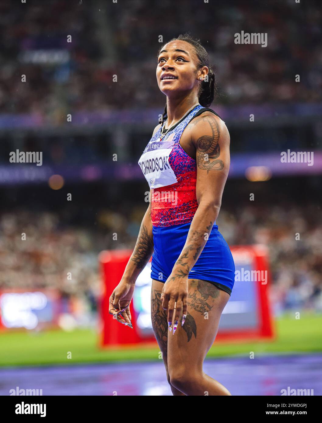 Sha'Carri Richardson participating in the 100 meters at the Paris 2024 ...