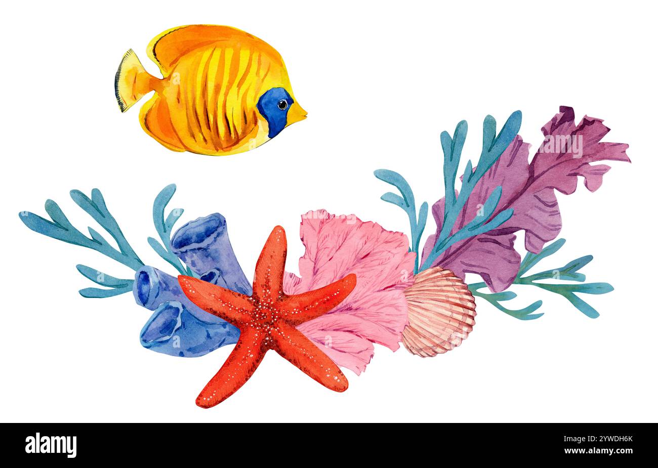 Coral reefs with tropical fish, rocks and algae. Bright watercolor ...