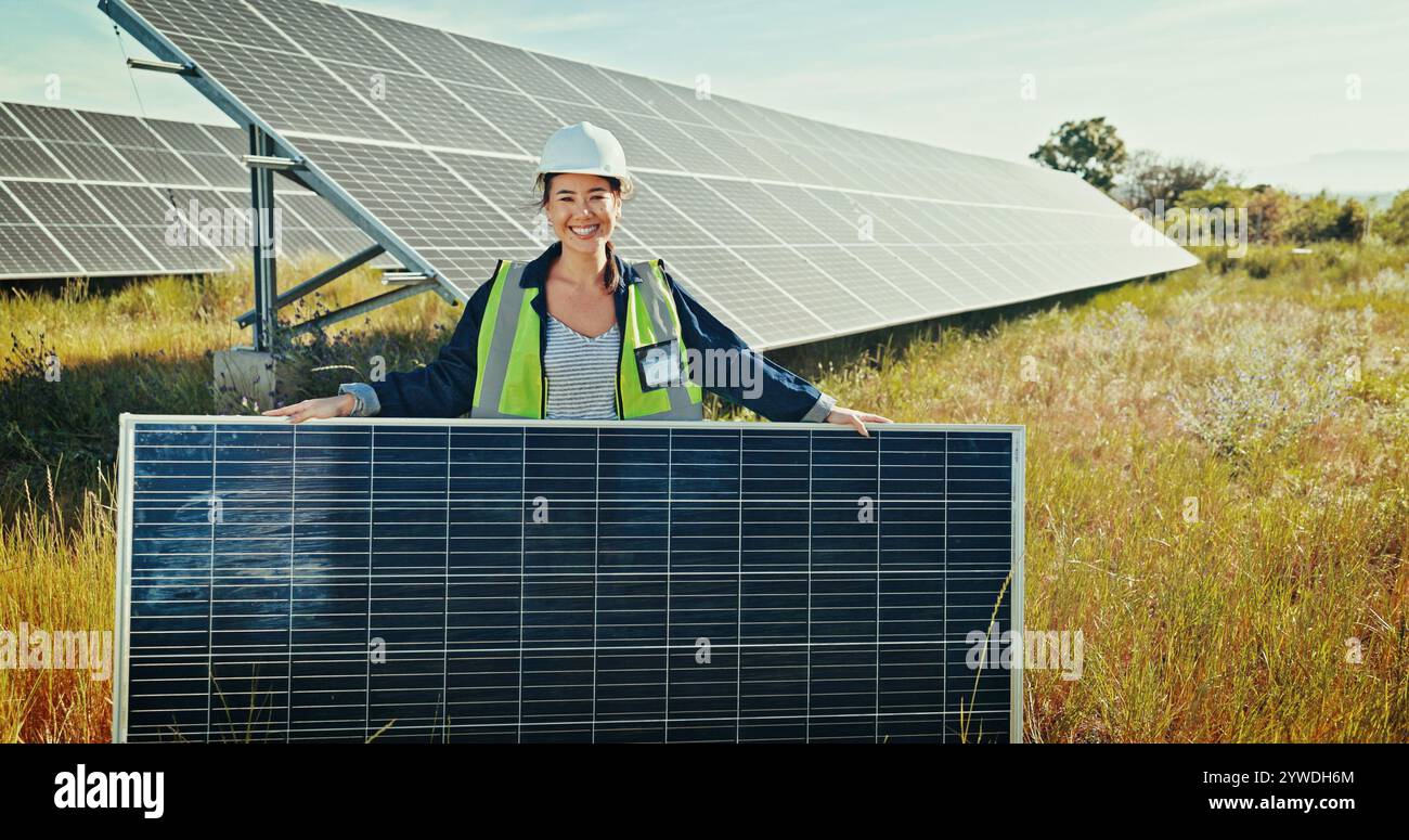 Woman, portrait and engineer with solar panel at farm, energy saving ...