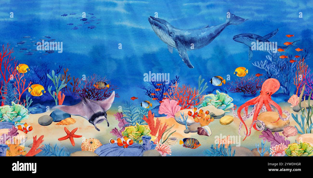 Underwater landscape with coral reef, mana rays, octopus, fish and ...