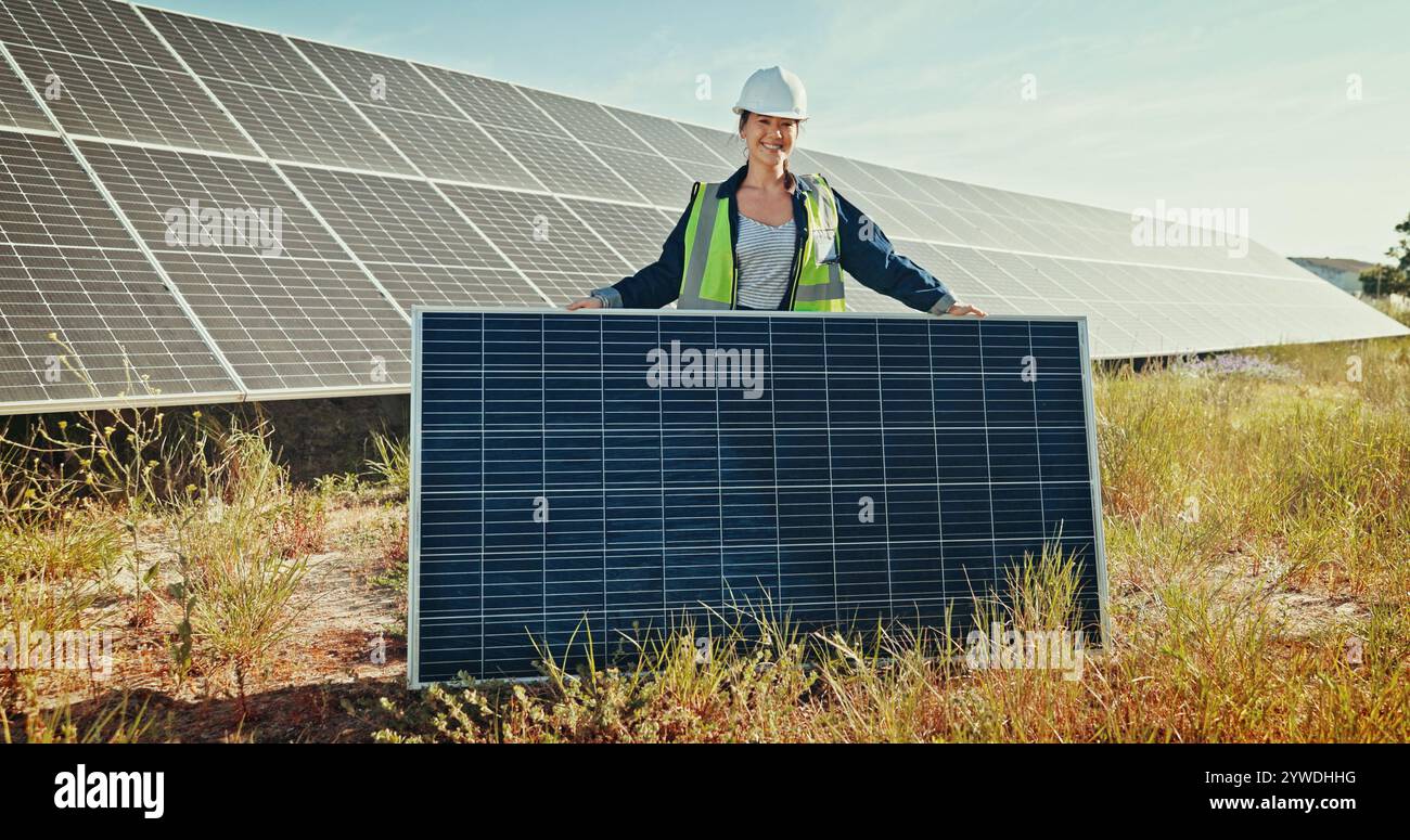 Solar panel, portrait and woman with engineering, sustainability and ...