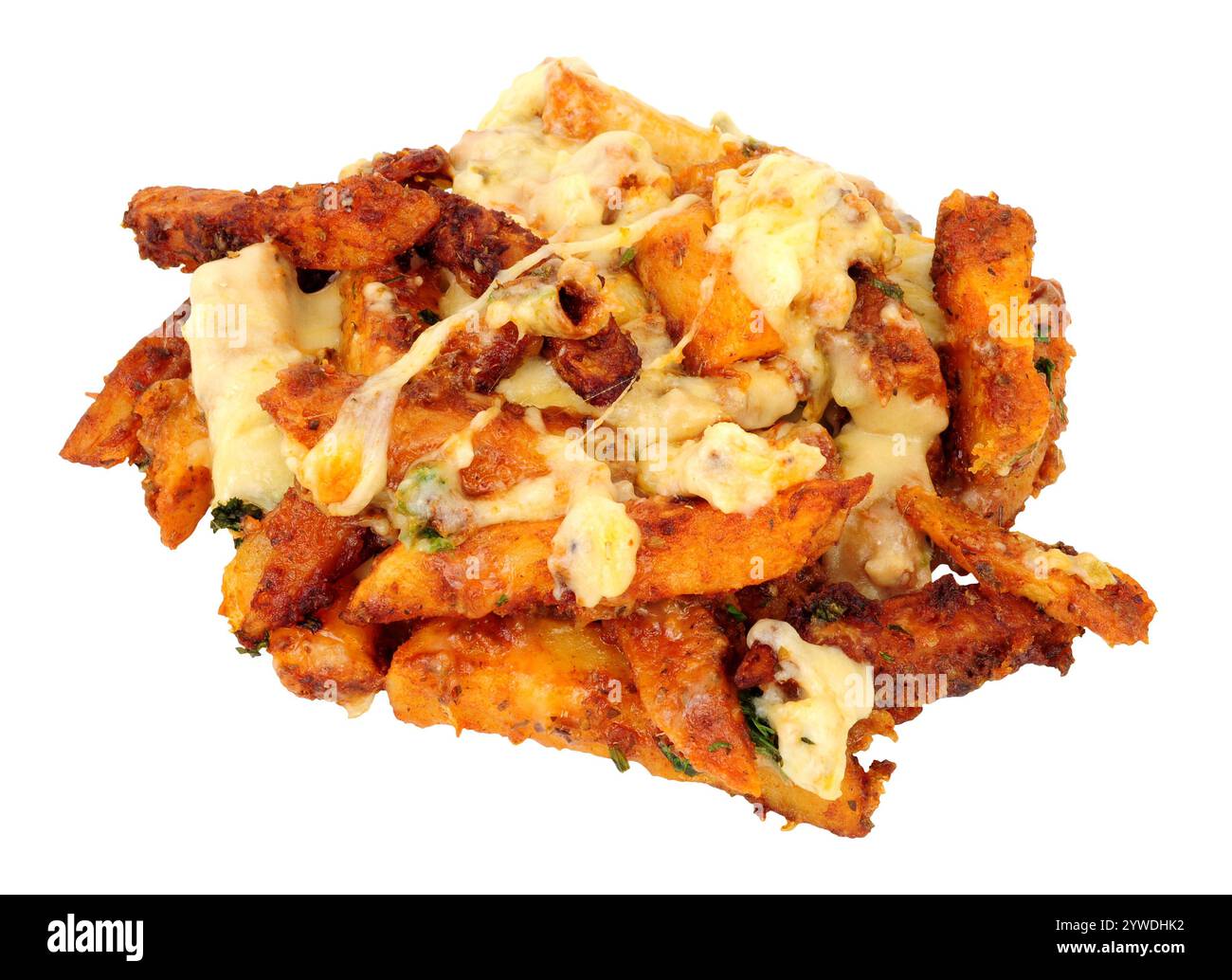 Portion of cheesy dirty fries, fried battered skin on potato chips ...