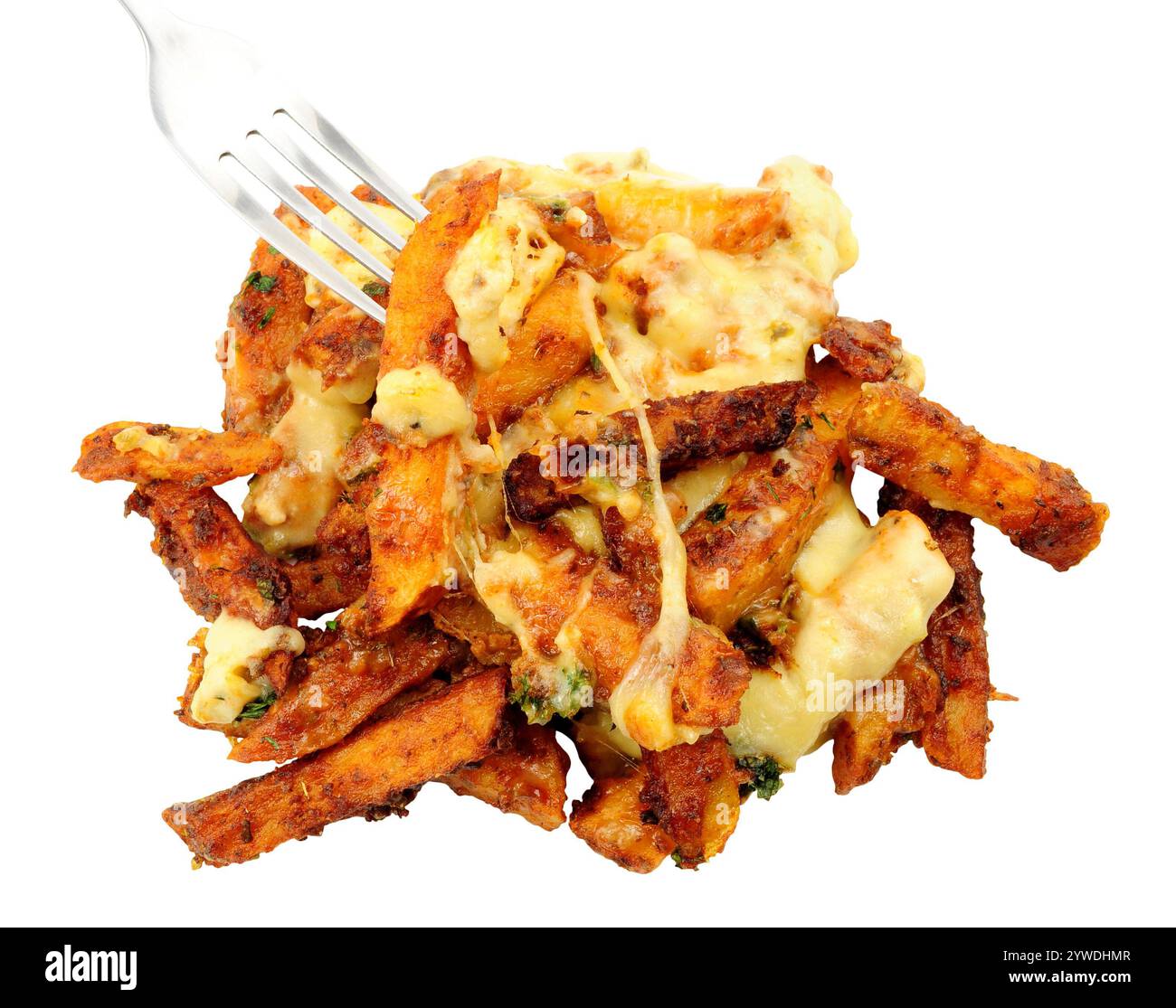 Portion of cheesy dirty fries, fried battered skin on potato chips ...