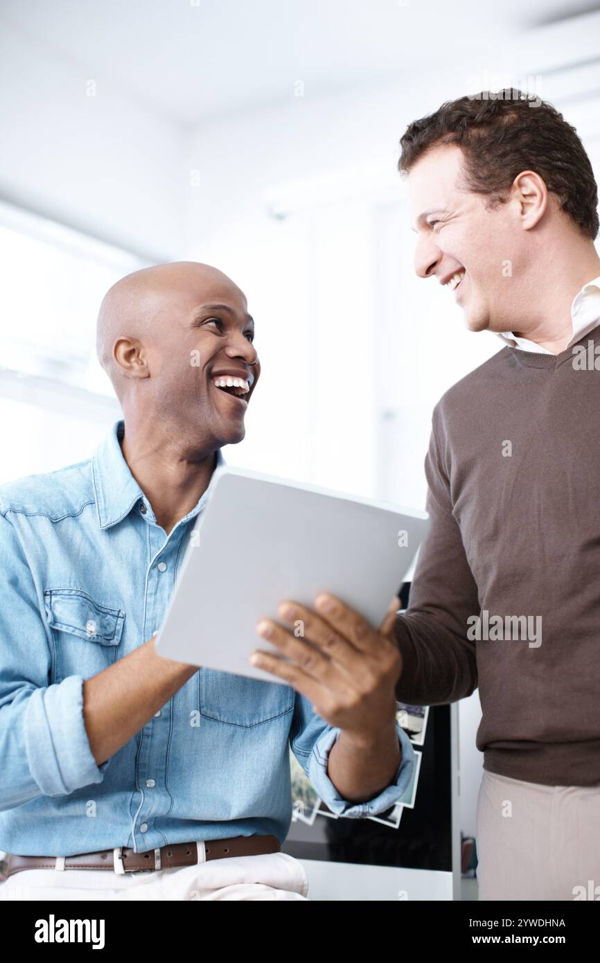 Happy, people and tablet for web development in office, programming ...