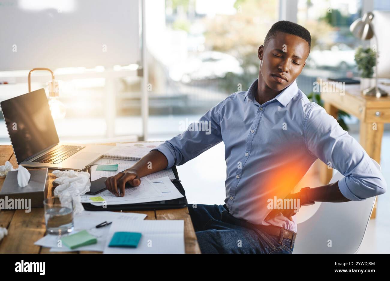 Business, hurt and black man with back pain, stress or muscle injury ...