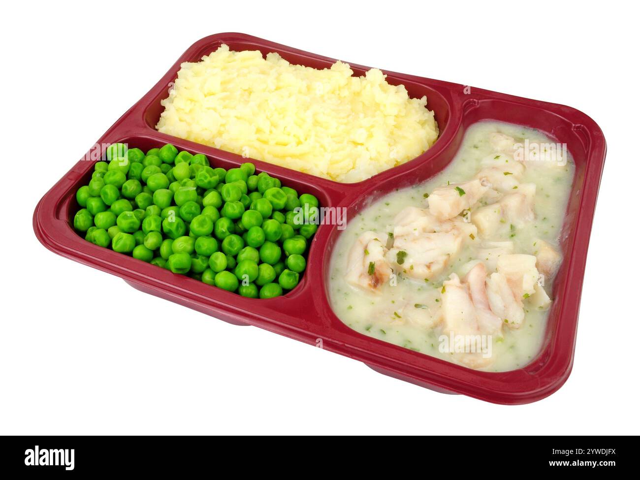 Cod fish in parsley sauce ready meal with mashed potato and green peas ...