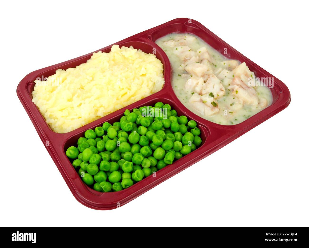 Cod fish in parsley sauce ready meal with mashed potato and green peas ...