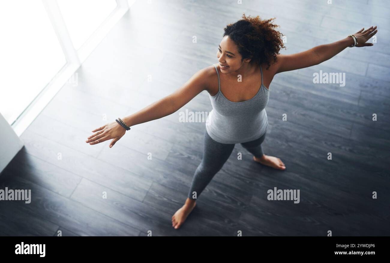Above, happy woman and yoga pose in studio for practice, balance and ...