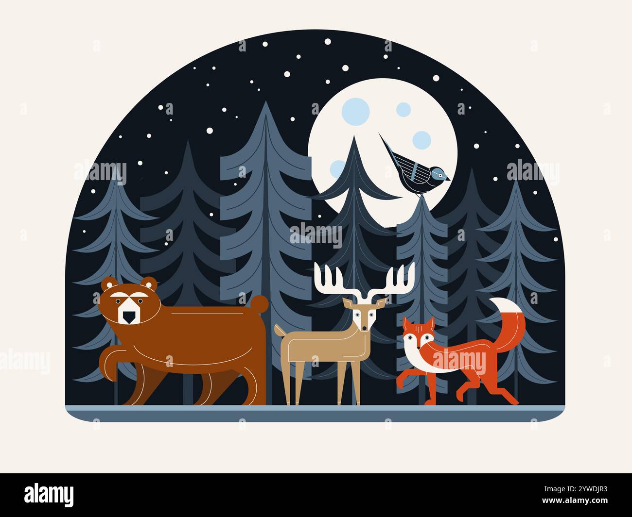 Scandinavian Forest Wildlife Night Scene with Animals and Birds Stock ...