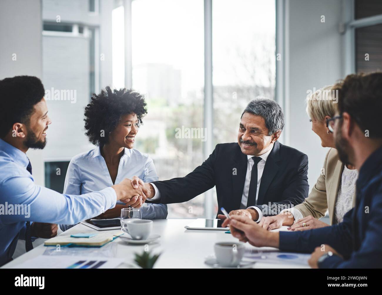 Business people, handshake and agreement of attorney group with ...