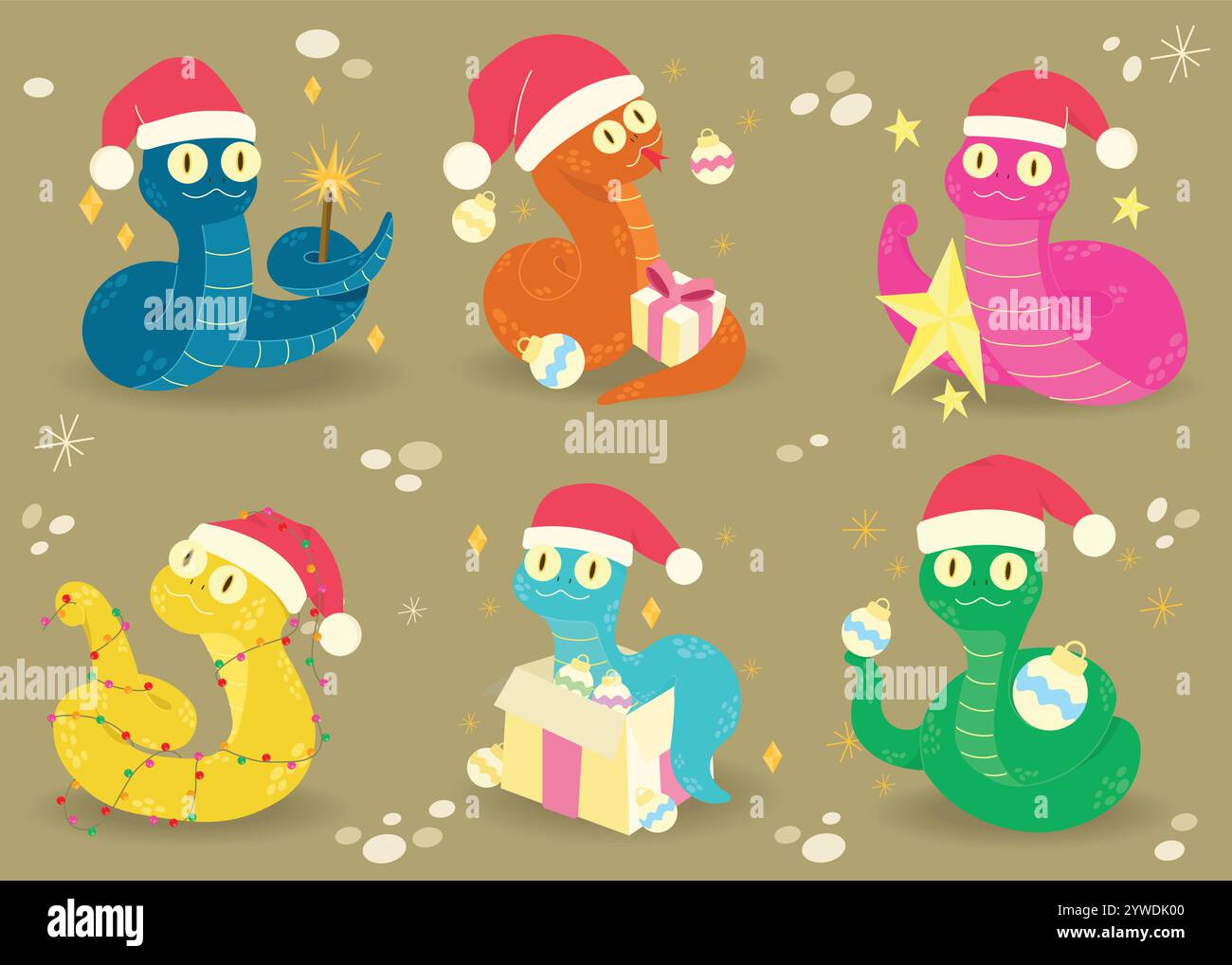 Colorful illustrations of festive snakes celebrating Chinese new year ...