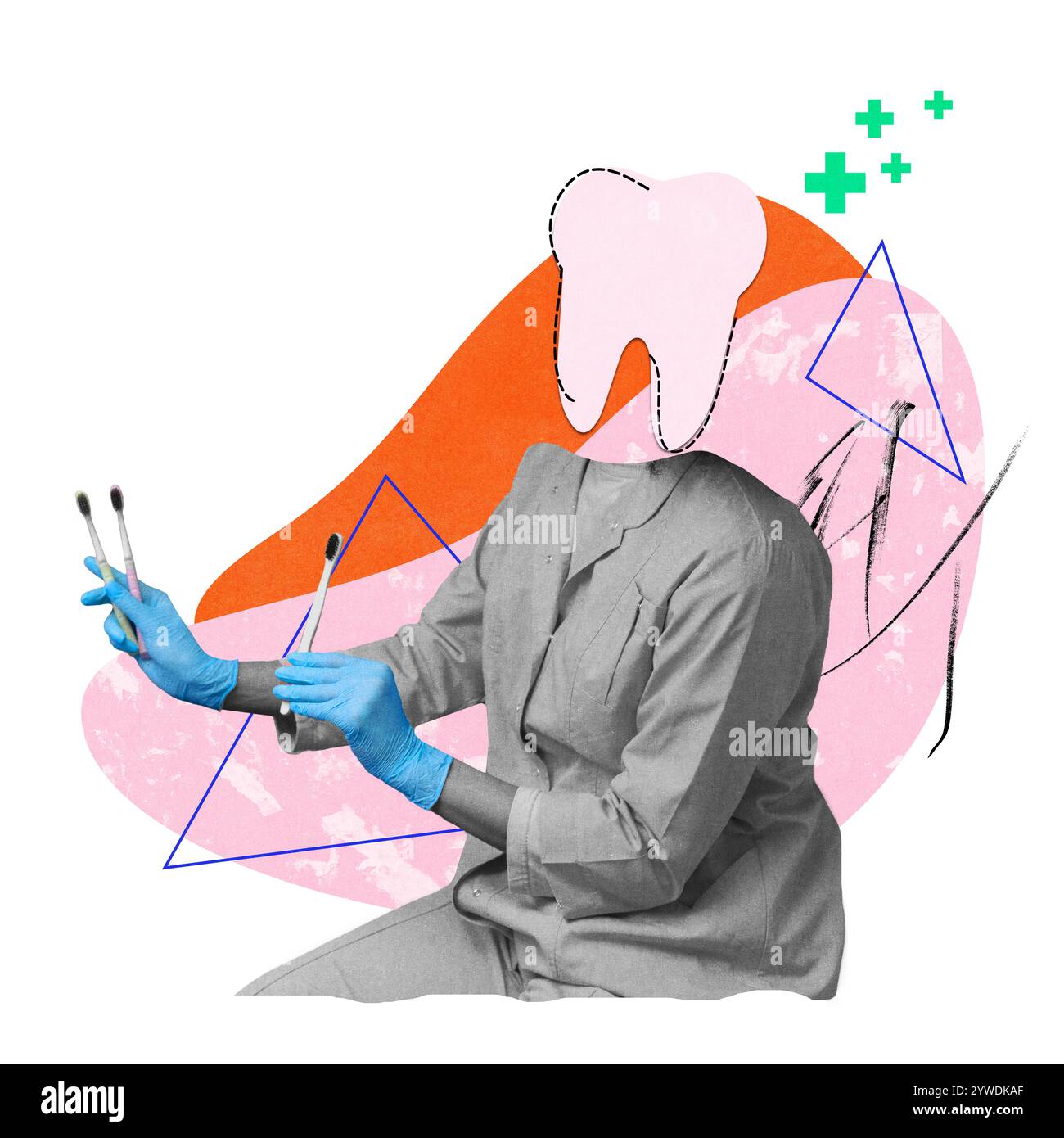 Dentist in gloves holding toothbrushes, surrounded by abstract shapes ...