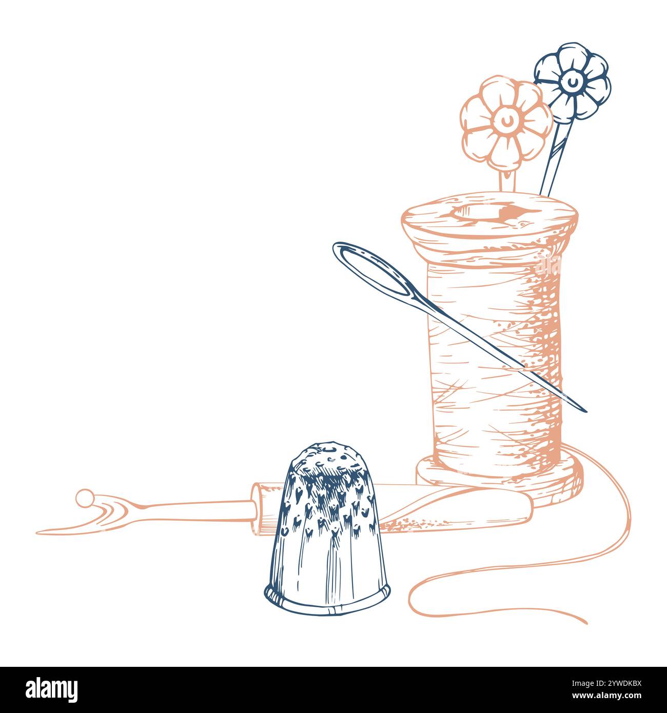 Wooden bobbin thread spool, thimble, seam ripper. Hand drawn ink vector ...