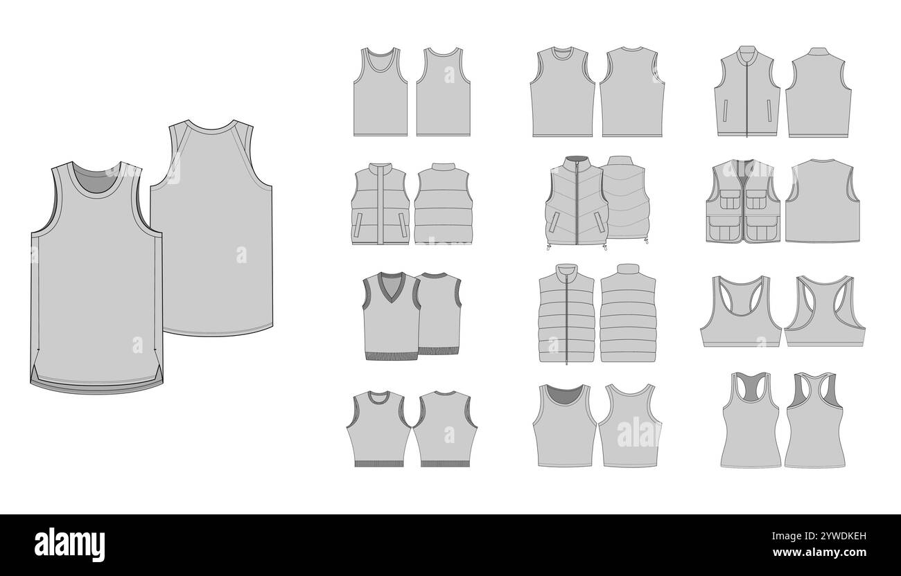 Set of Tanktop, Vest Template - Technical Flat Drawing of Gilet Puffer ...