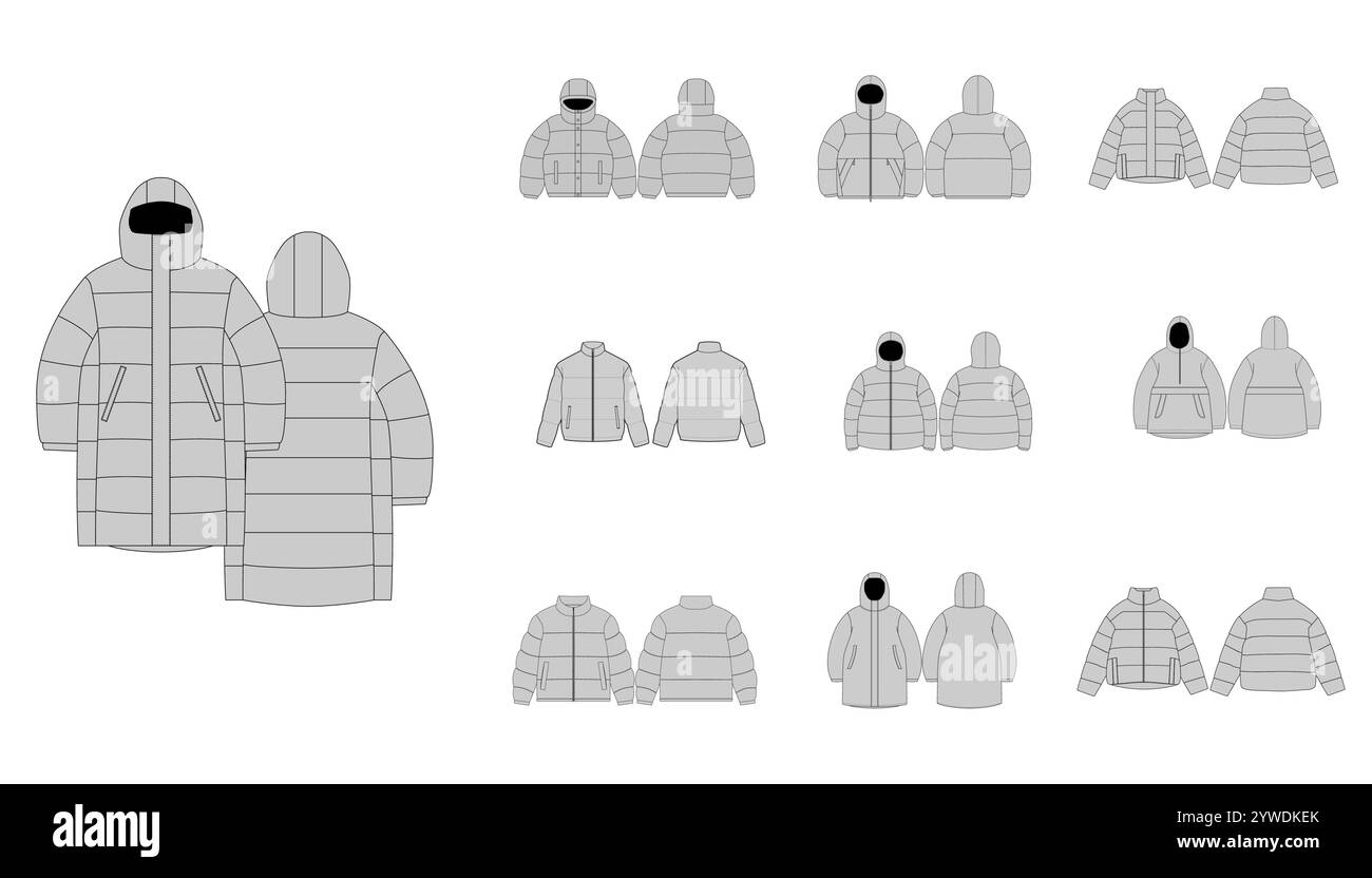 Set of Puffer Winter Jacket - Padded Quilted Waistcoat Design with ...