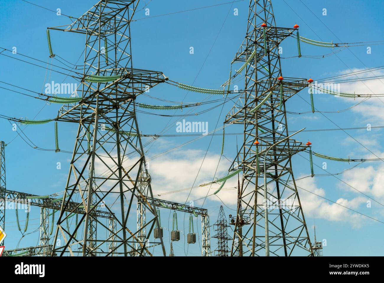 High voltage towers with sky background. Power line support with wires ...
