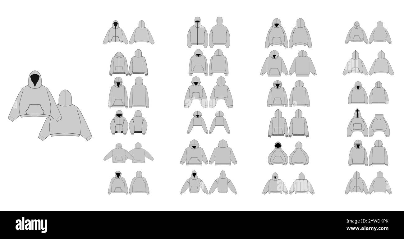 Technical Drawing Set of Hoodies with Front and Back Views - Men, Woman ...