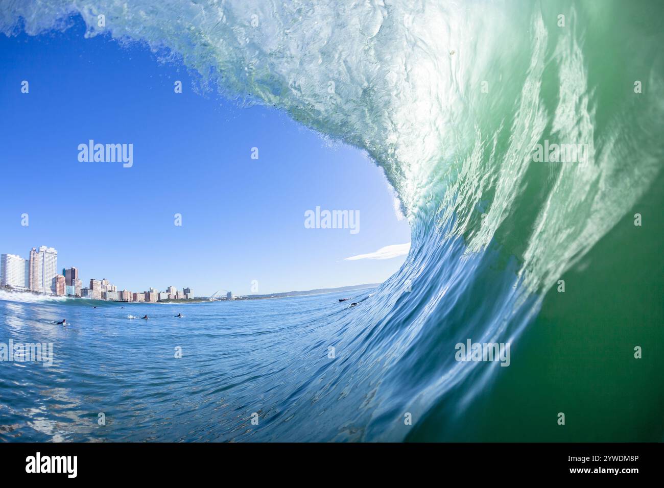Inside hollow crashing ocean wave tube surfing perspective at Durban ...