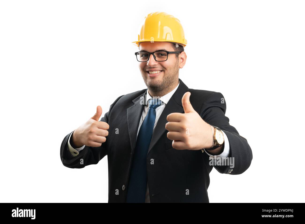 Happy male engineer or architect with friendly expression making double ...