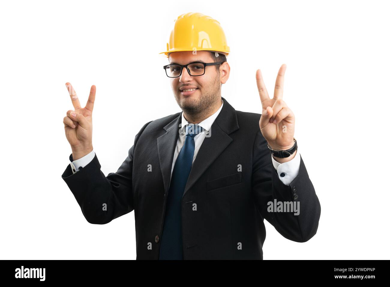 Adult engineer man wearing yellow helmet and suit making double peace ...