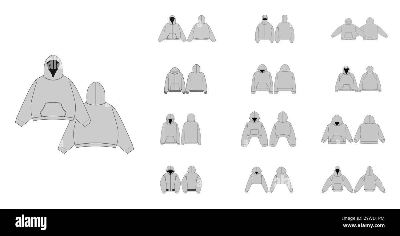 Technical Drawing Set of Hoodies with Front and Back Views - Men, Woman ...