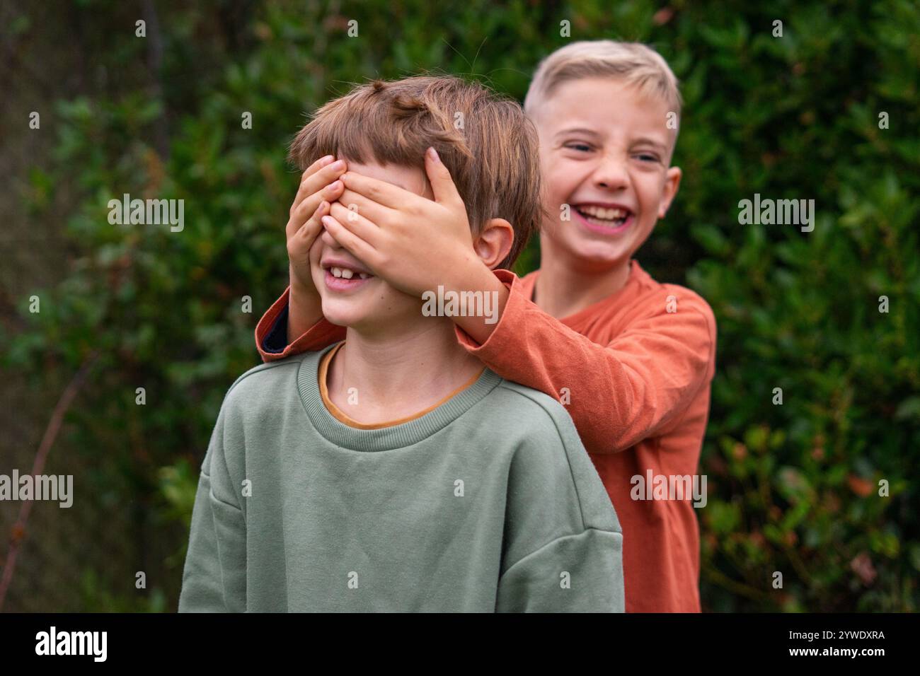 Two smiling boys are playing hide and seek in nature, covering eyes and having fun Stock Photo ...