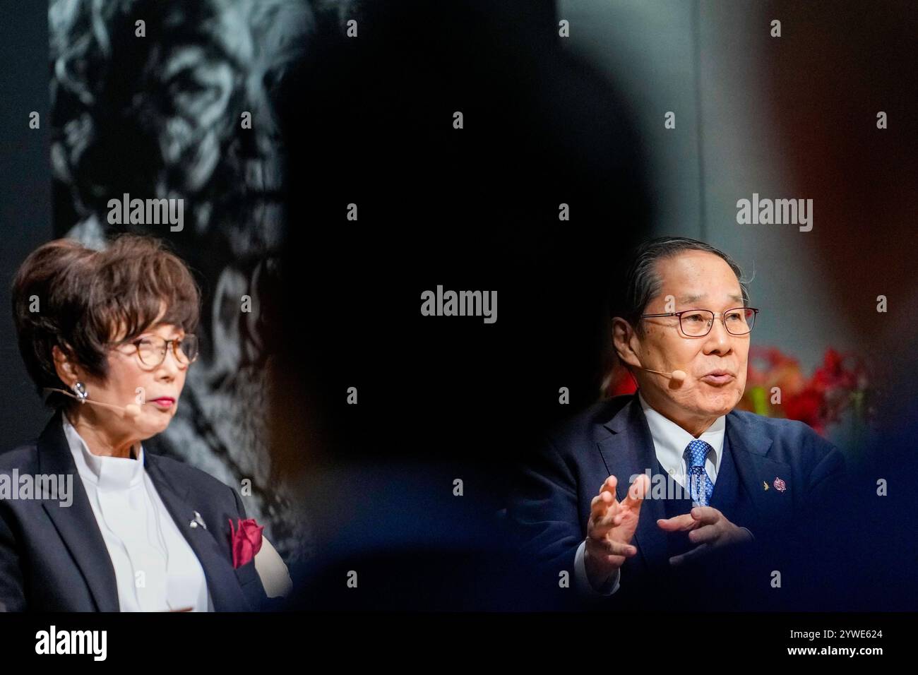 Oslo 20241211. Keiko Ogura (left) and Masao Tomonaga (right), survivors ...