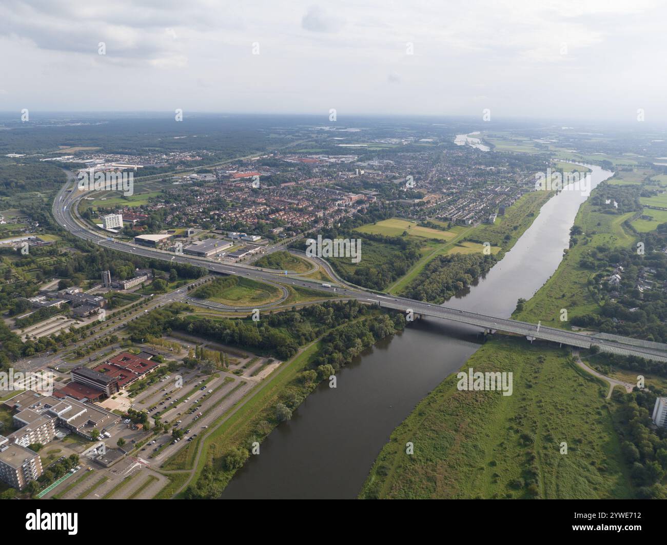 Venlo, city center overview, river meuse, buildings and infrastructure. A73 highway Stock Photo ...