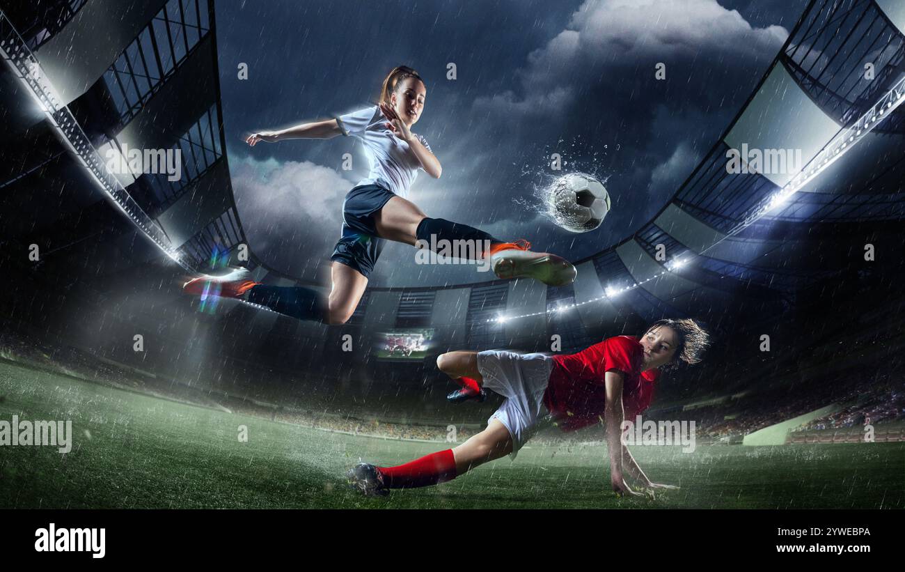 High-action soccer moment featuring female player in white performing ...