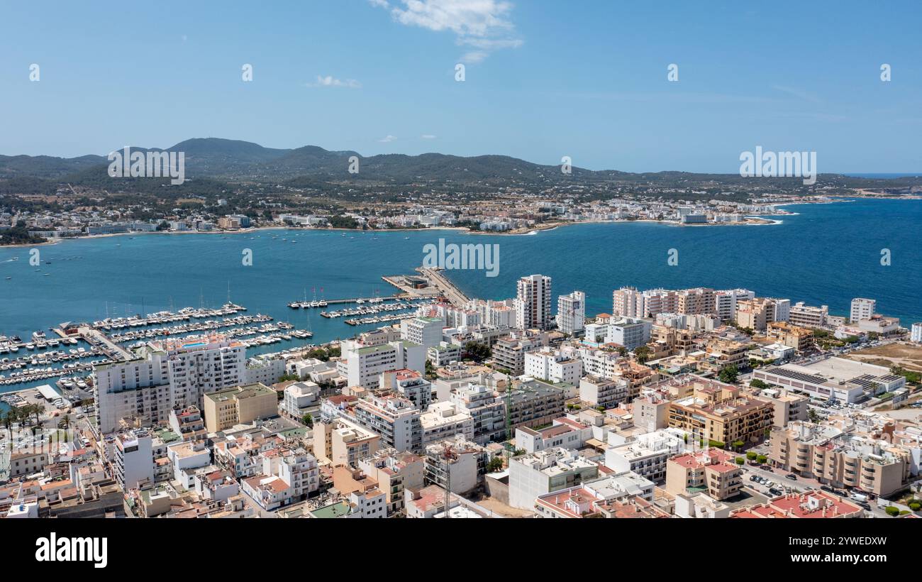 Aerial drone photo of a beach in the town of Sant Antoni de Portmany on ...
