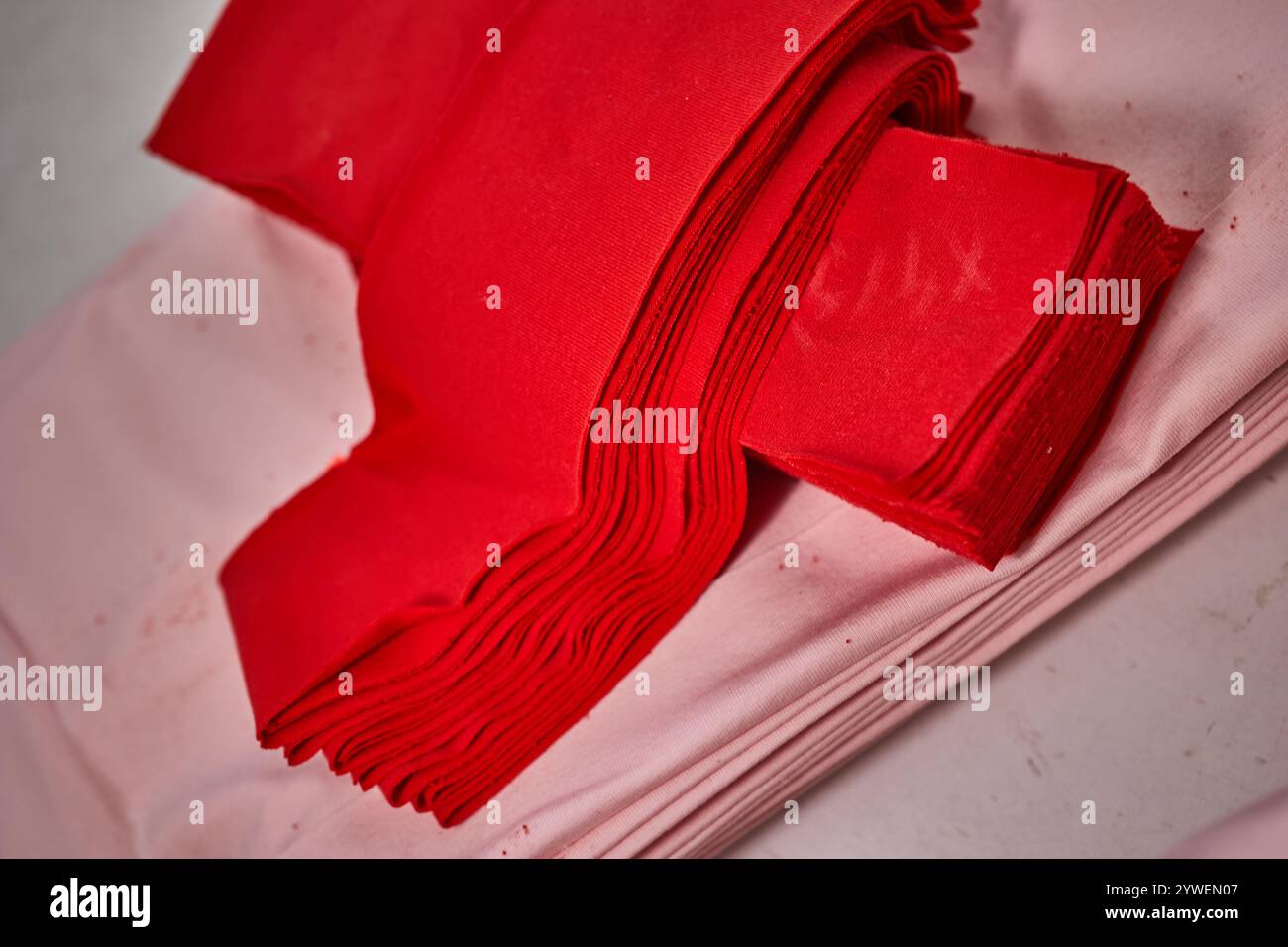 A close-up view of a pile of red fabric scraps, showcasing the ...