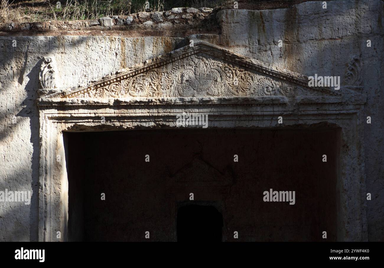 Pediment with floral design over the entry to the Sanhedrin Burial Cave ...