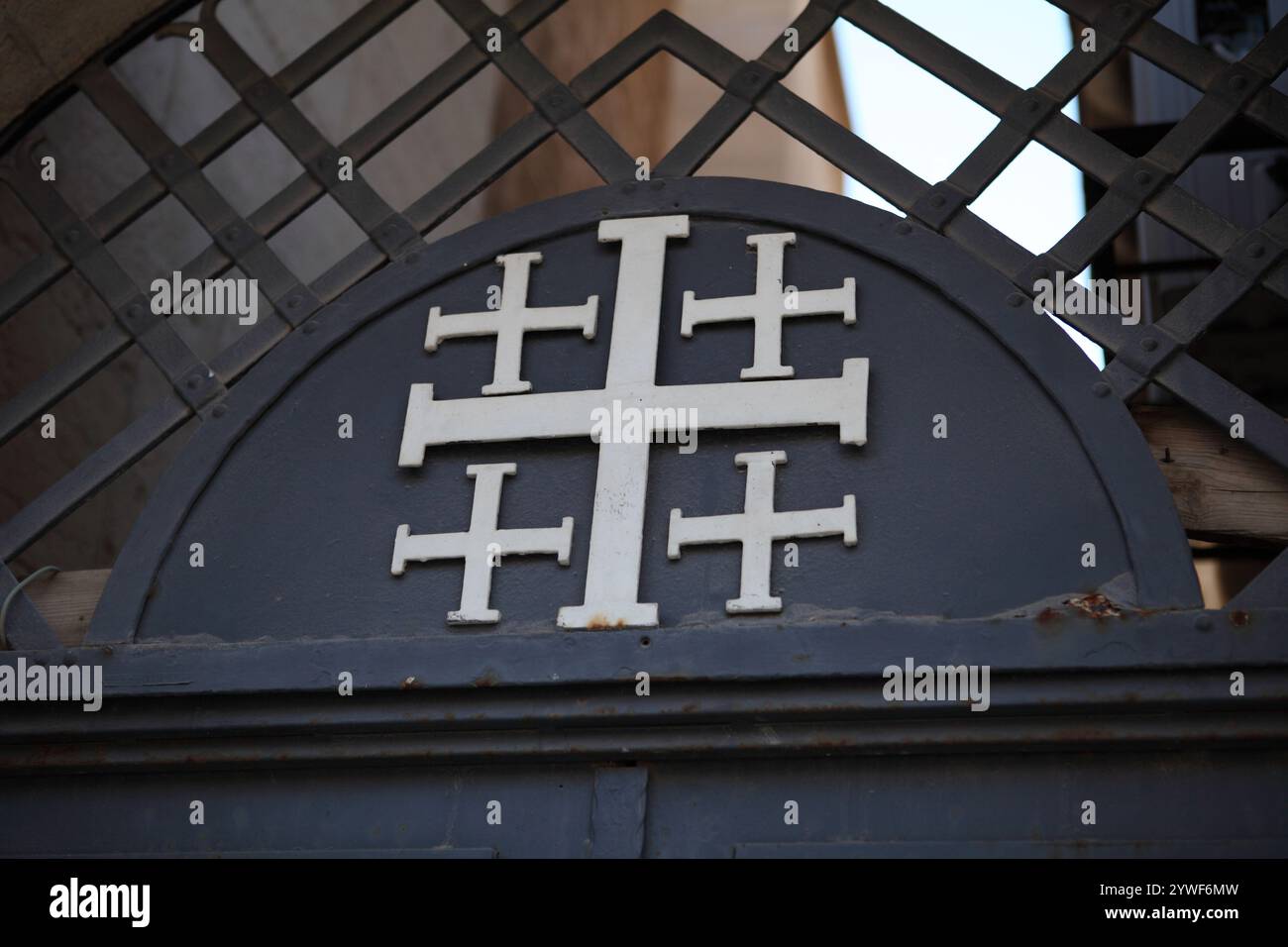 Jerusalem Cross symbolising the Stigmata, the Holy Land Cross, the gate ...