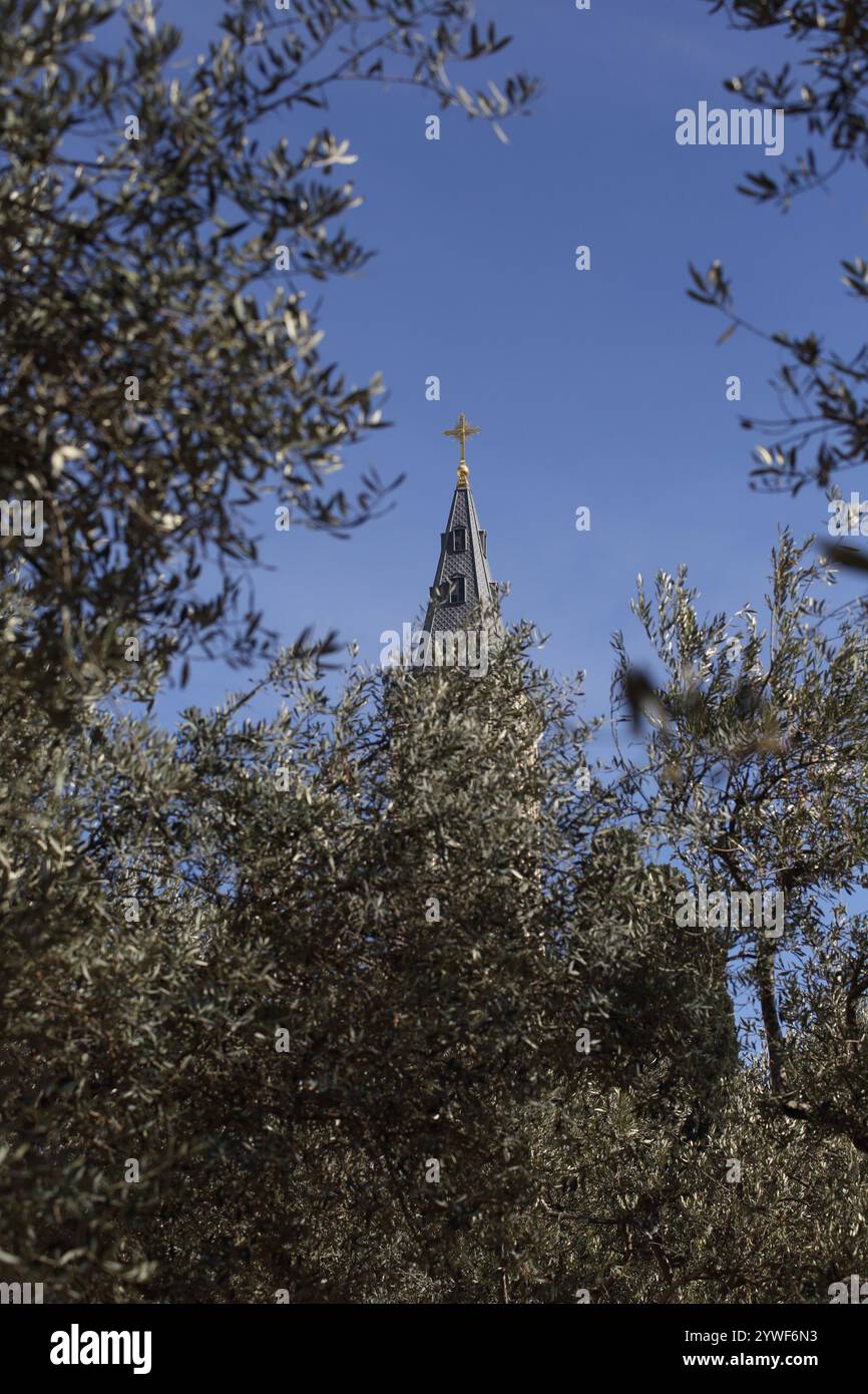 Pointed upper part of the bell tower of the Russian Orthodox Church of ...