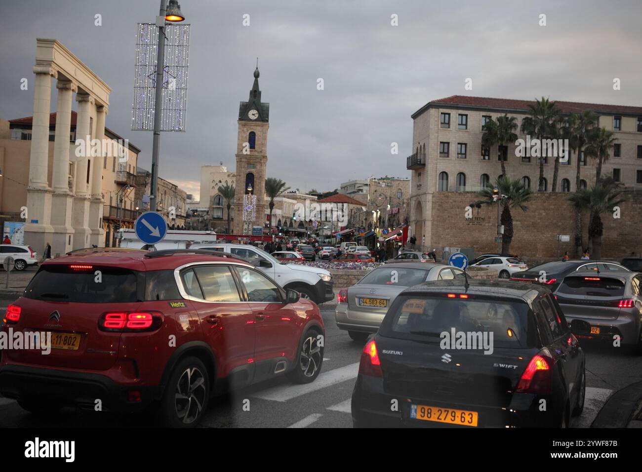 Jaffa, heavy late afternoon traffic seen through a car front windshield ...