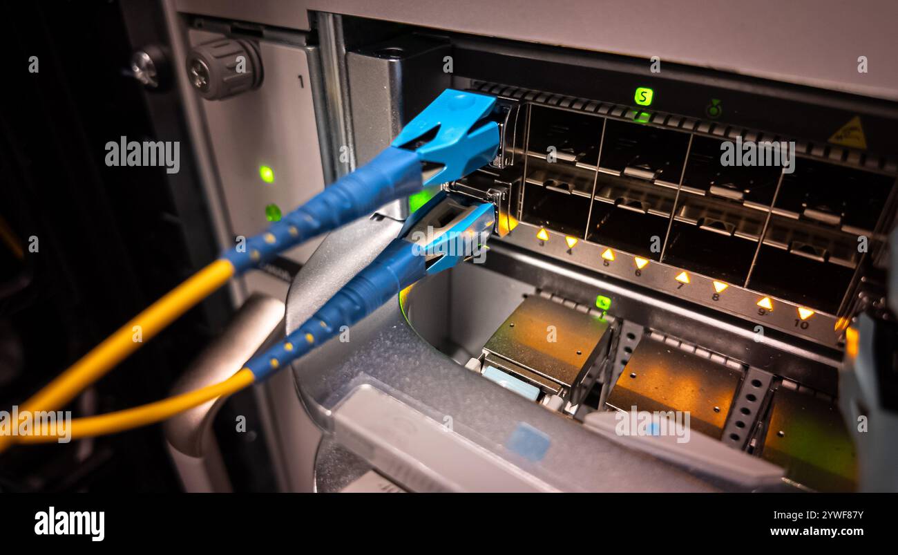 High-tech network connections in a data center during a routine ...